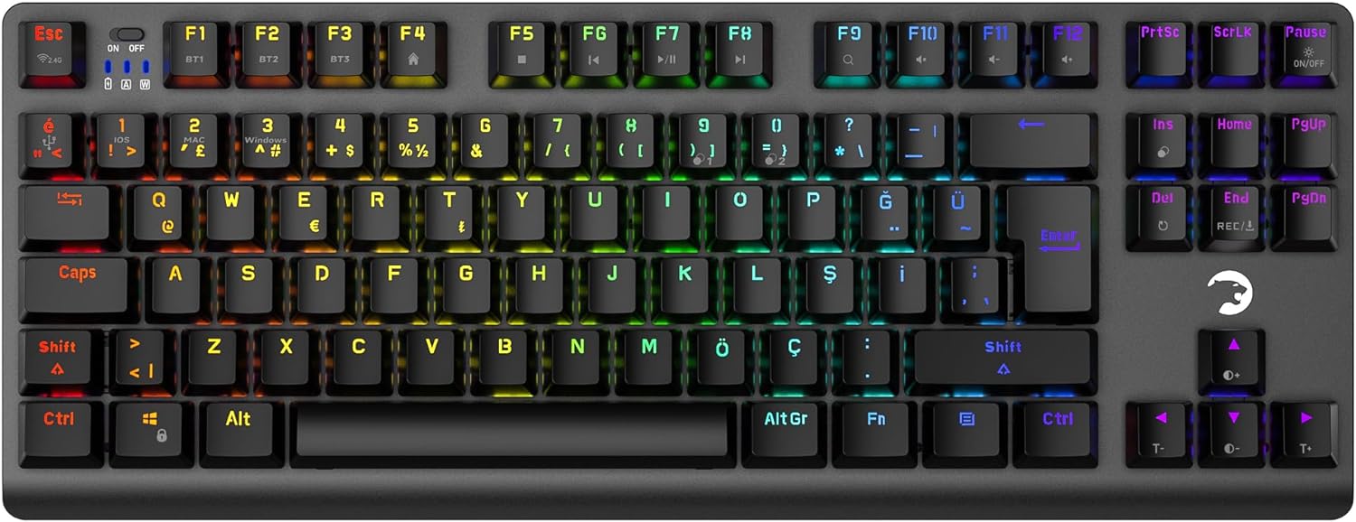GamePower Eva 7 60M Mekanik Kablolu, 2.4Ghz, Bluetooth 3 Mod Blue Switch 88 Tuş USB RGB Gaming ...